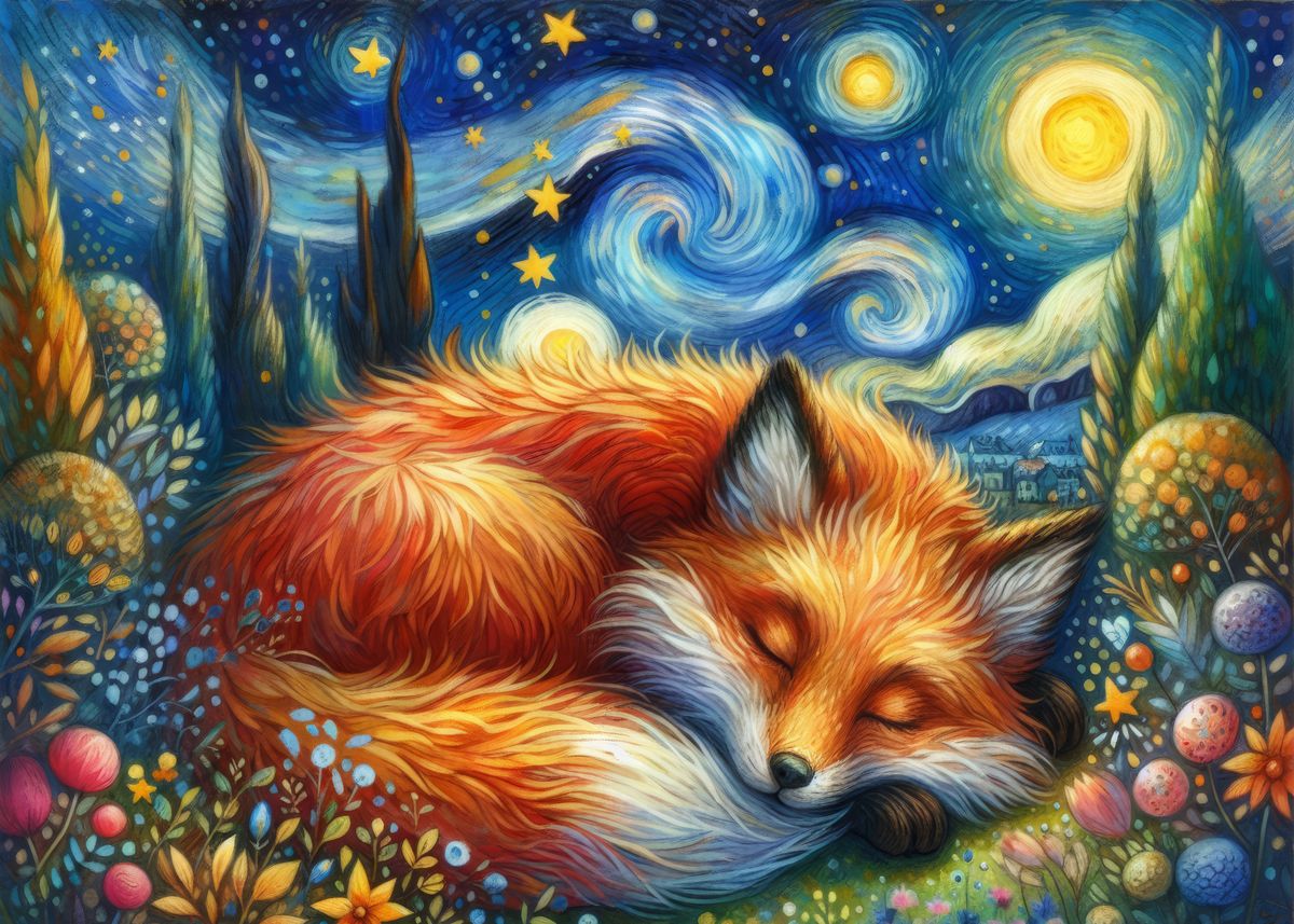 'Whimsical Fox Starry Night' Poster, picture, metal print, paint by ...