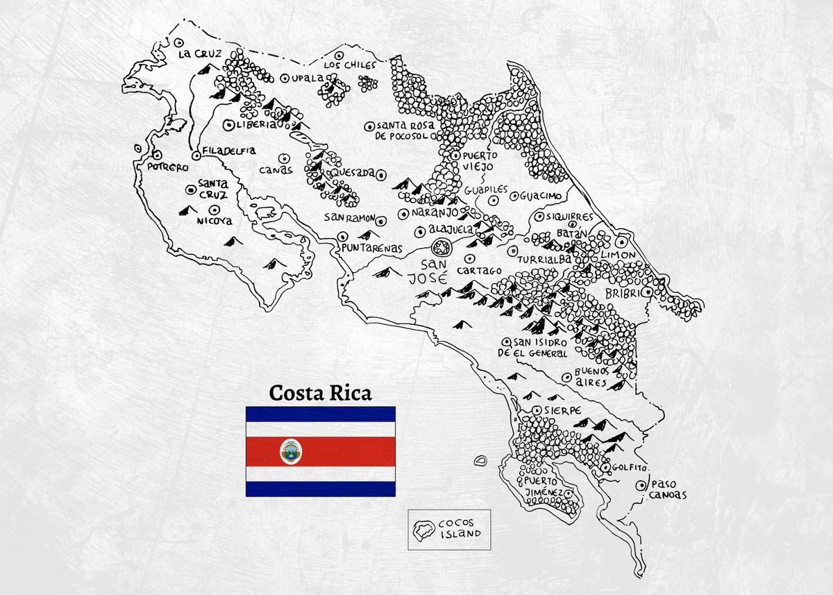 'Handdrawn Costa Rica Map' Poster, picture, metal print, paint by ...