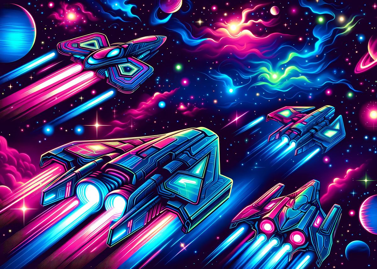 'Neon Galactic Spaceships ' Poster, picture, metal print, paint by ...