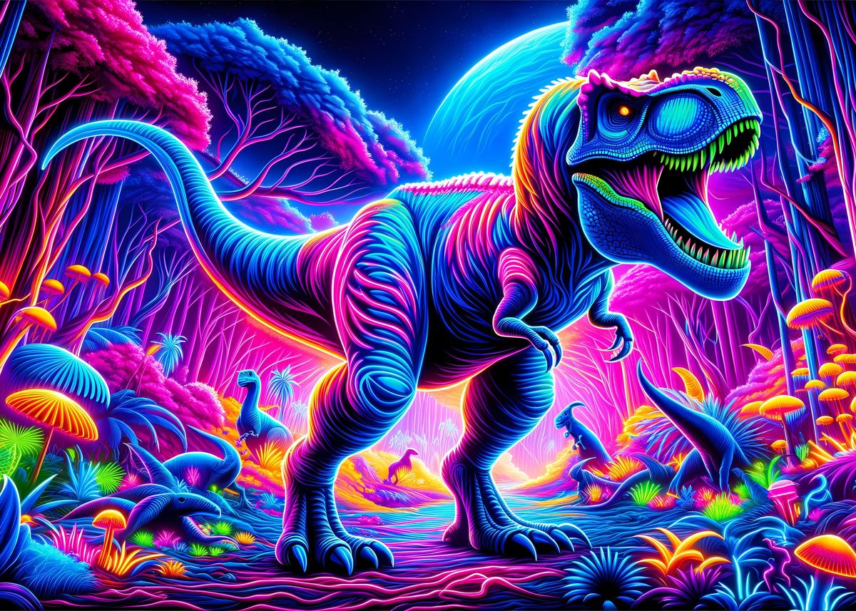 'Neon TRex ' Poster, picture, metal print, paint by Devran | Displate