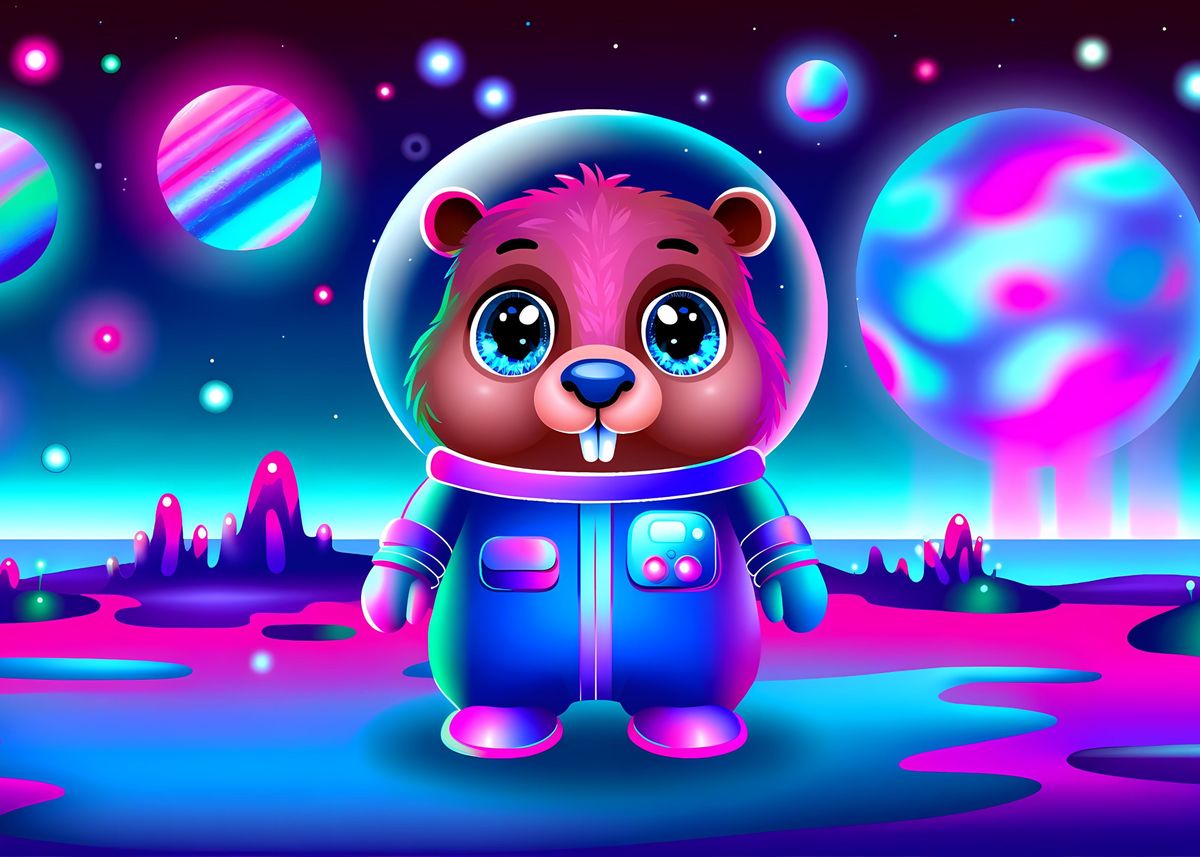 'Neon Space Beaver' Poster, picture, metal print, paint by Devran ...