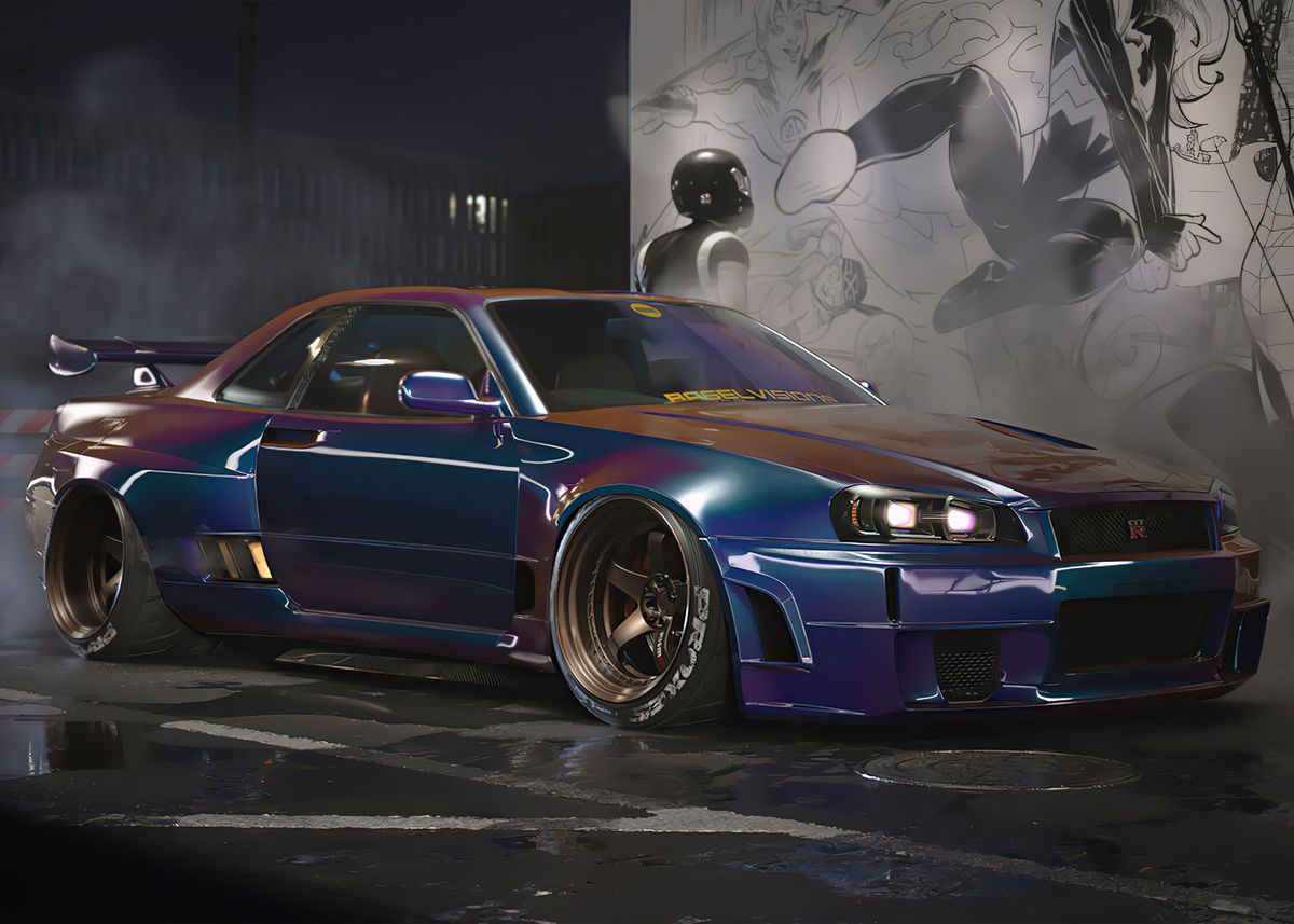 'Nissan R34 GT R' Poster, picture, metal print, paint by Ma Chan | Displate