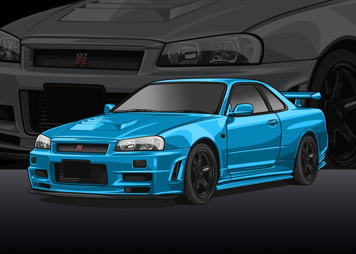 'Nissan r34 Skyline cyan' Poster, picture, metal print, paint by capture art | Displate