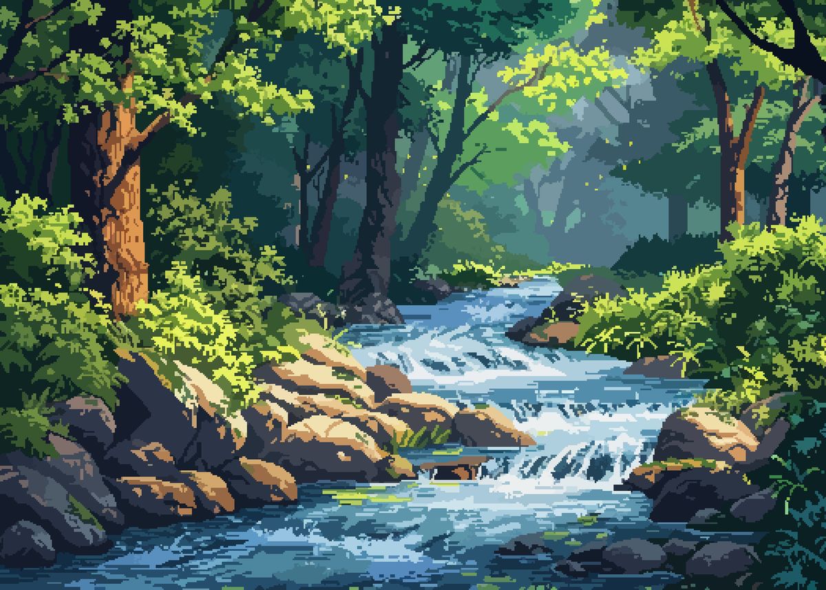 'Zen Forest River Pixel Art' Poster, picture, metal print, paint by ...