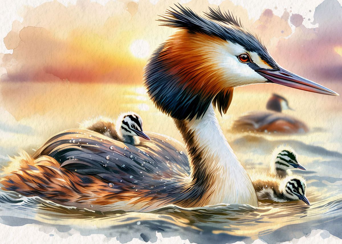 'Great crested grebe family' Poster, picture, metal print, paint by ...