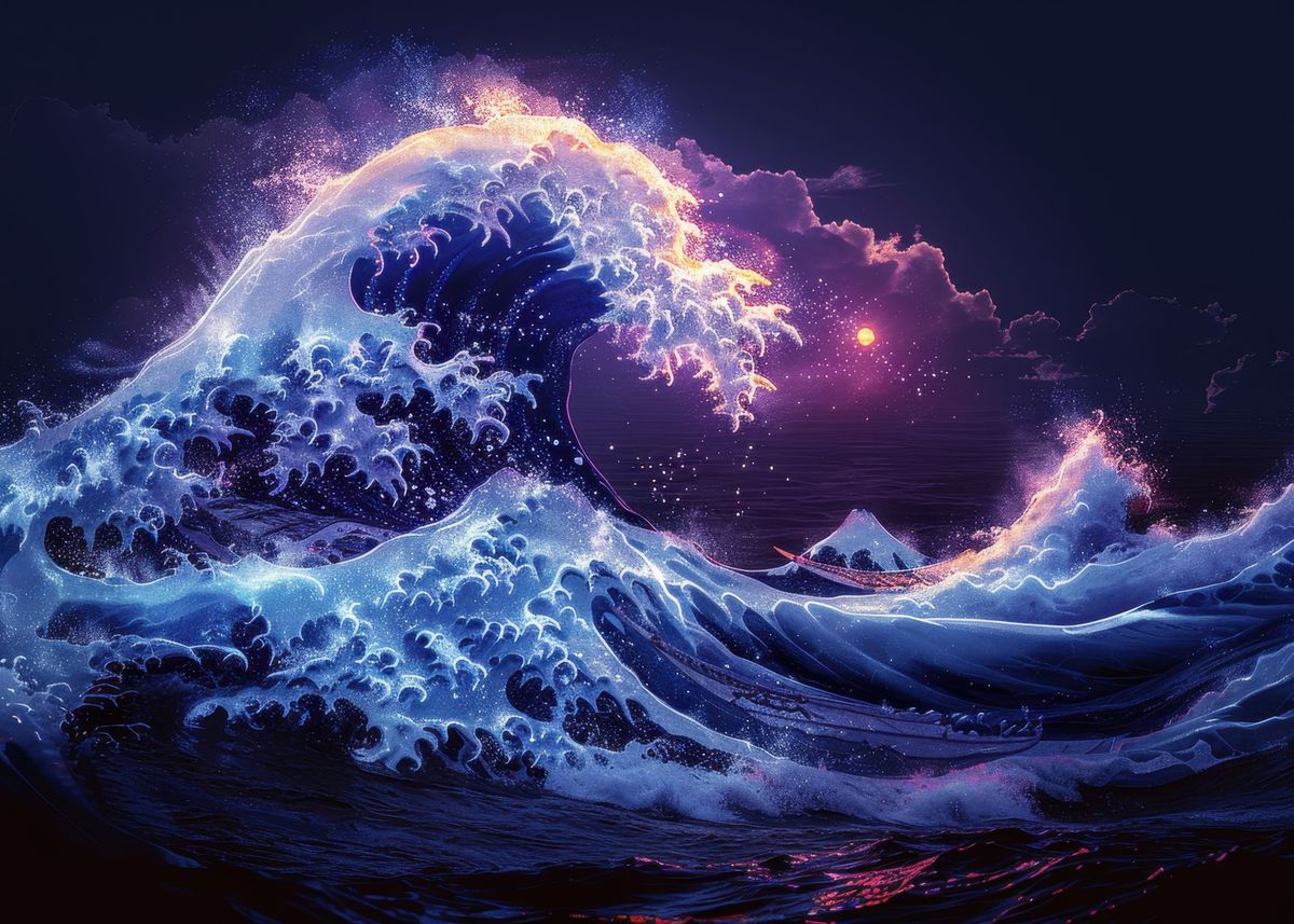 'Neon ocean wave art' Poster, picture, metal print, paint by Nicolas ...