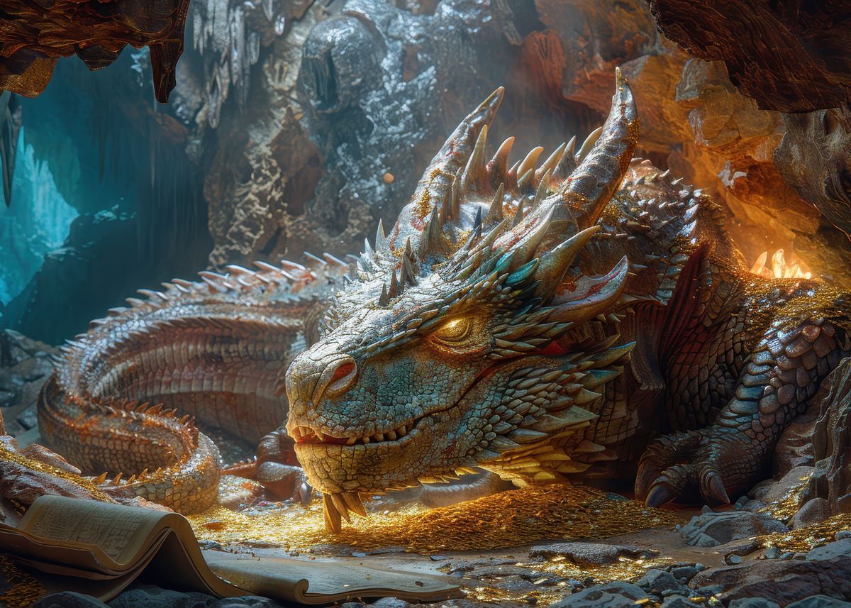 'Dragon lying on gold coins' Poster, picture, metal print, paint by ...