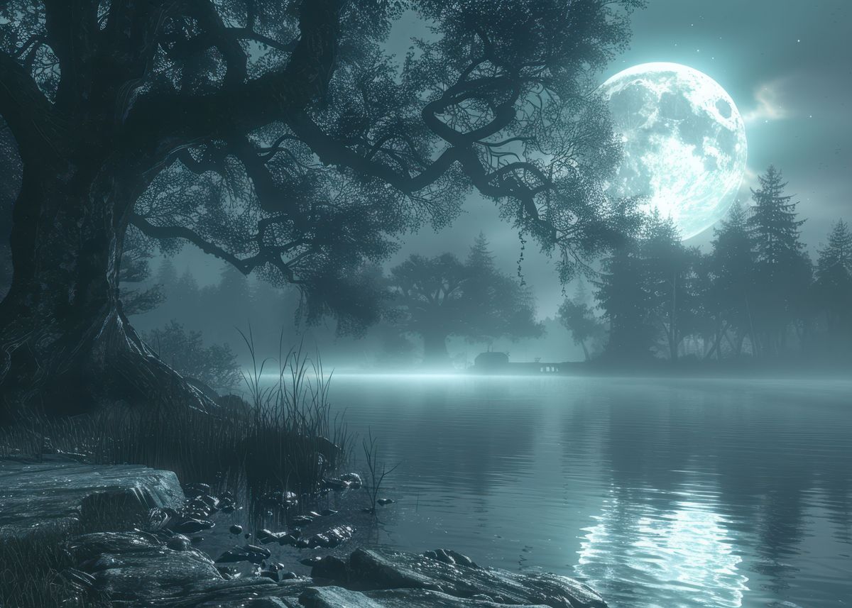 'Moonlight river landscape' Poster, picture, metal print, paint by ...