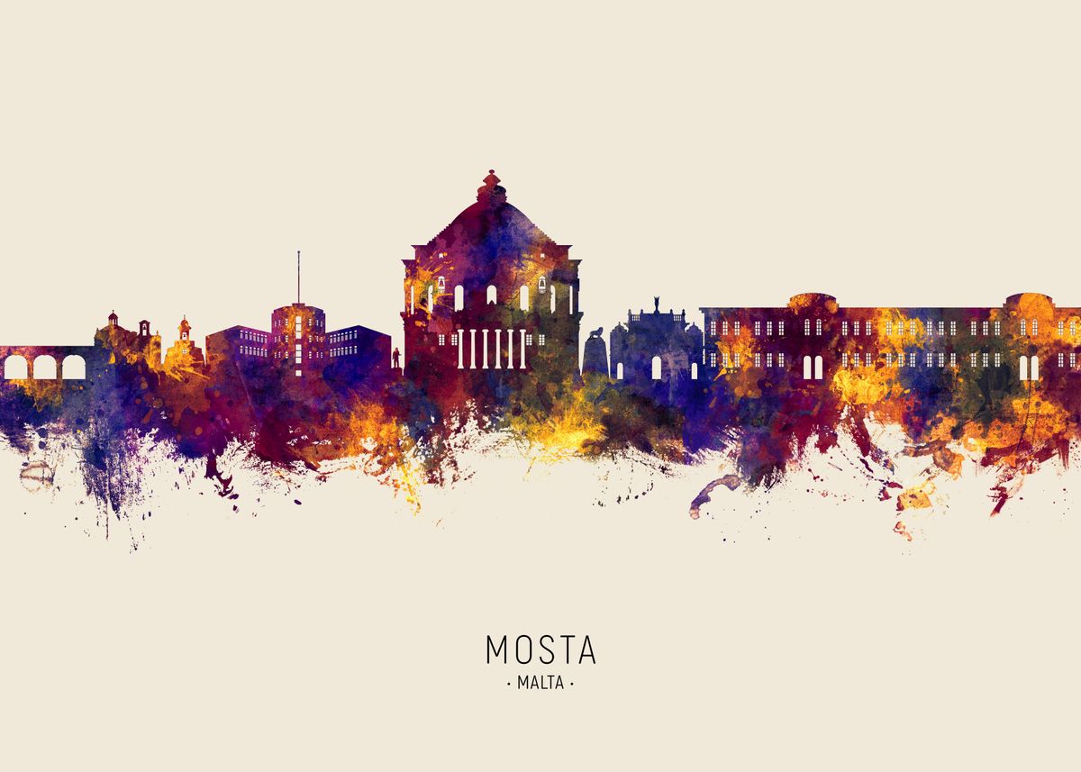 'Mosta Skyline Malta' Poster, picture, metal print, paint by Michael ...
