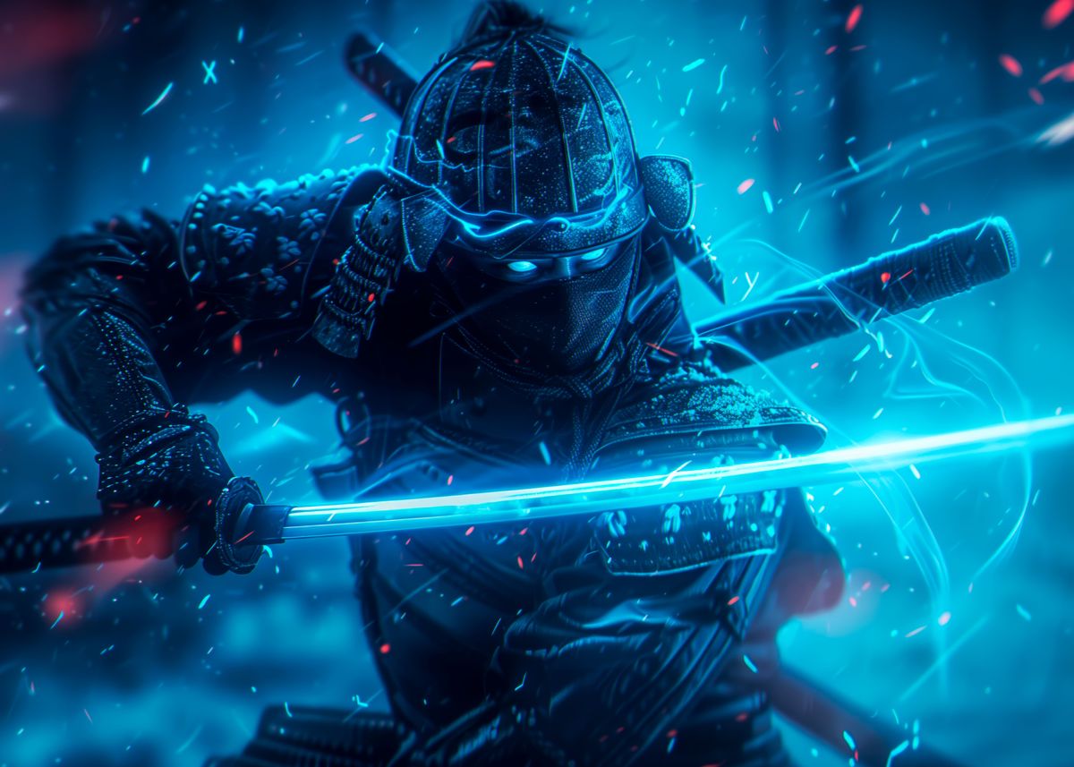 'Blue Neon Samurai' Poster, picture, metal print, paint by The creative Hub | Displate