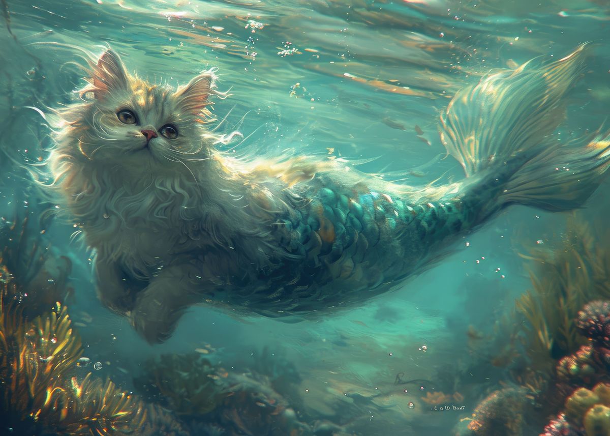 'Alaskan Mermaid Cat' Poster, picture, metal print, paint by Jensen Art ...