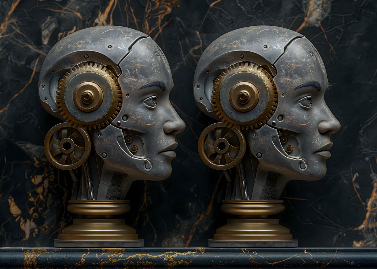 'Twin Cyborg Bonze Heads' Poster, picture, metal print, paint by Peter ...