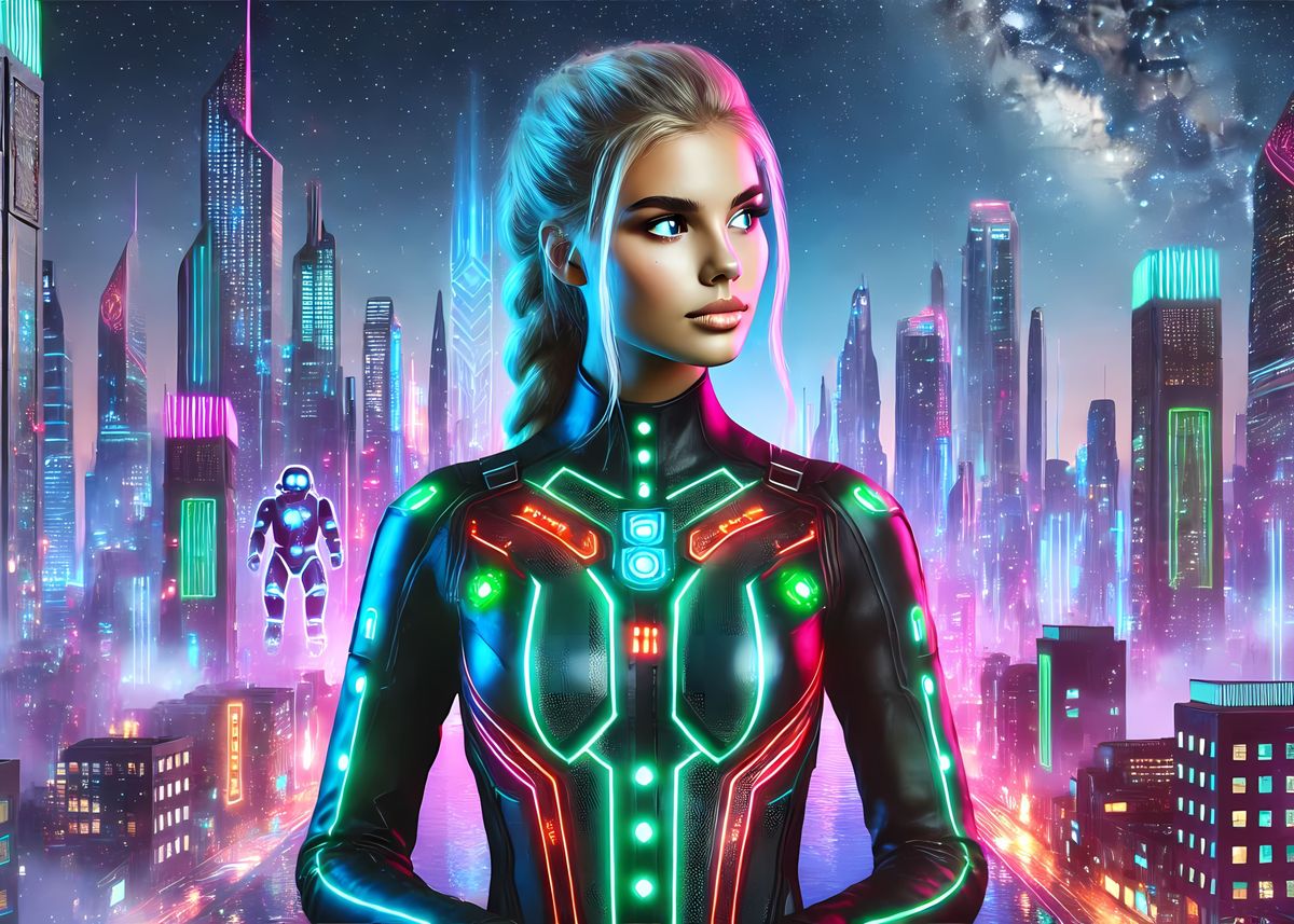 'Futuristic Neon Cityscape' Poster, picture, metal print, paint by ...