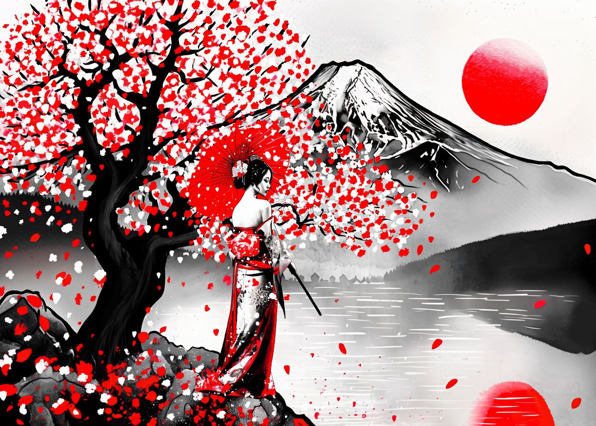 'Serene Japan Red moon Art' Poster, picture, metal print, paint by ...