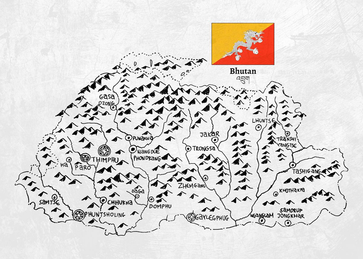 'Handdrawn Map of Bhutan' Poster, picture, metal print, paint by ...