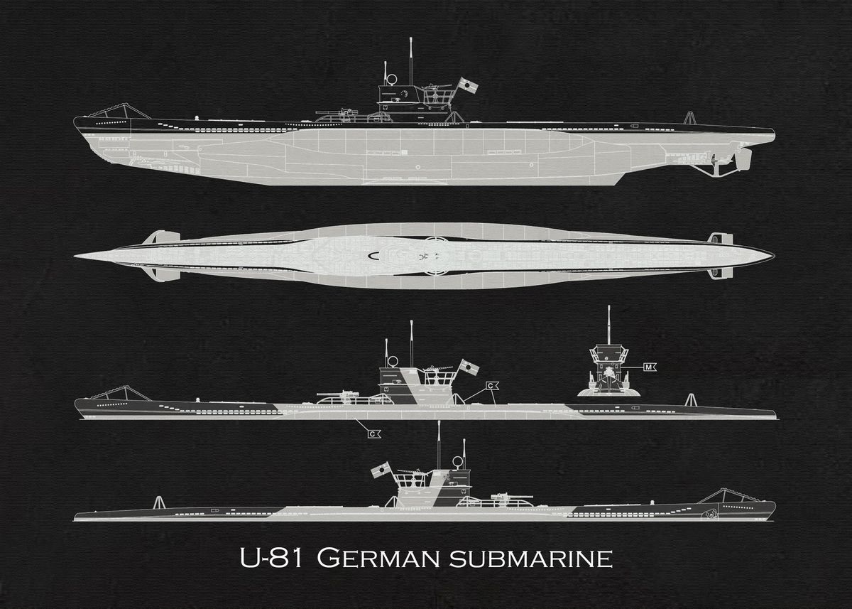 'U81 German submarine' Poster, picture, metal print, paint by Blueprint Expert | Displate
