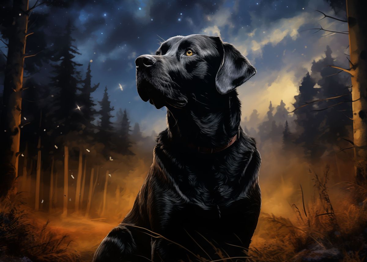 'Black labrador at night' Poster, picture, metal print, paint by ...