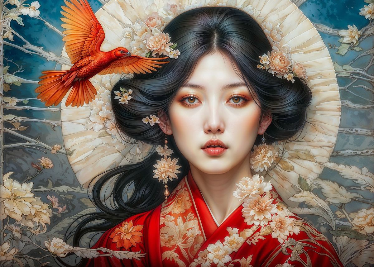 'Geisha and Red Bird' Poster, picture, metal print, paint by Alice ...