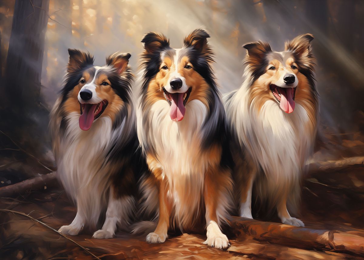 'Three Rough collies ' Poster, picture, metal print, paint by PetsArt ...