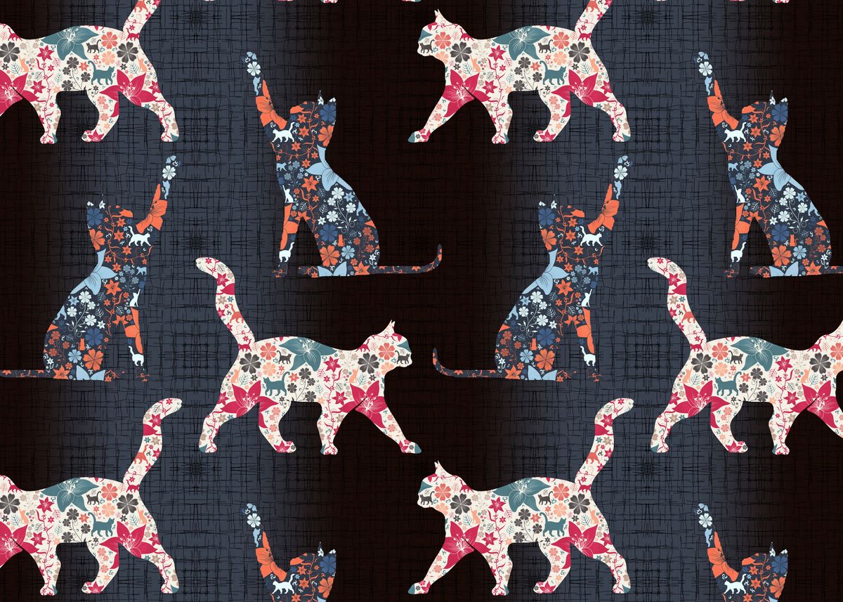 'Cats and Flowers Dark Back' Poster, picture, metal print, paint by ...
