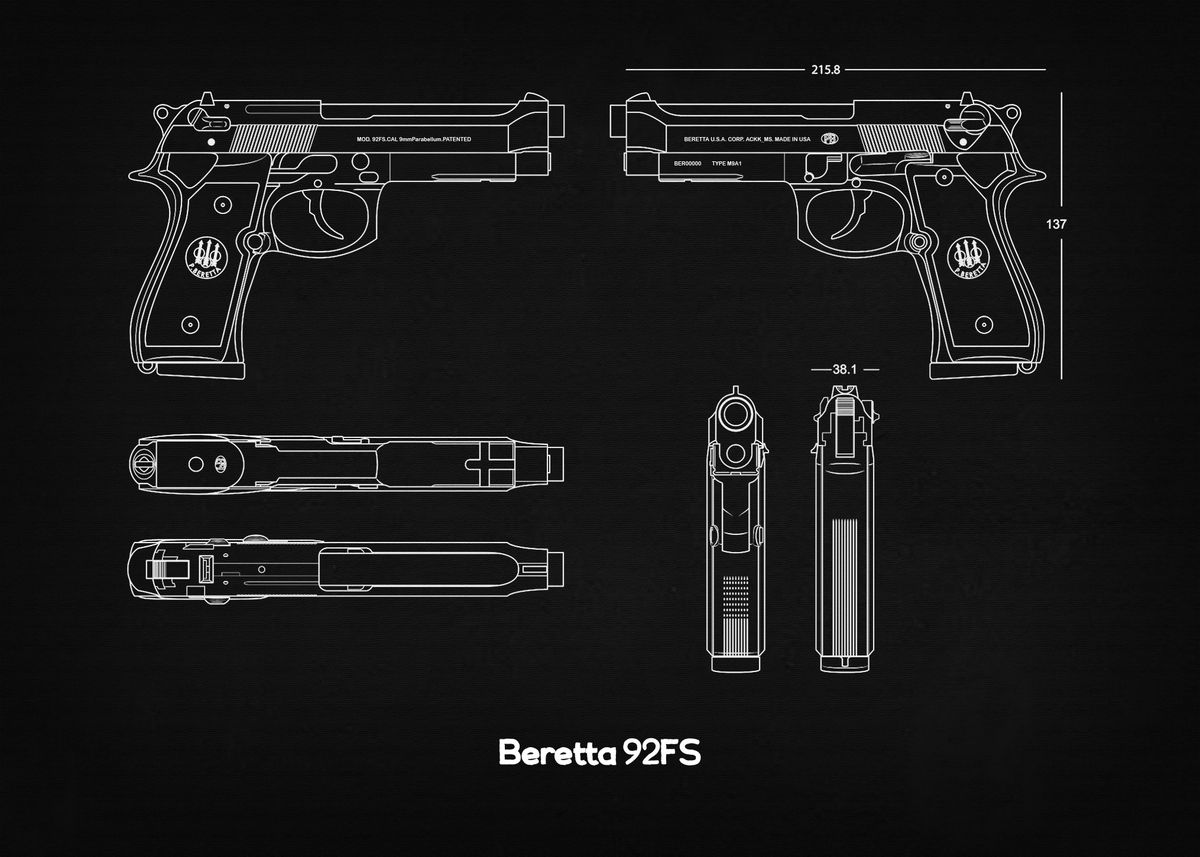 'Beretta 92FS' Poster, picture, metal print, paint by Blueprint Expert ...