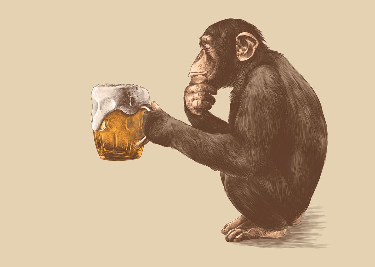 'Monkey Drink Beer Alcohol' Poster, picture, metal print, paint by dkDesign | Displate