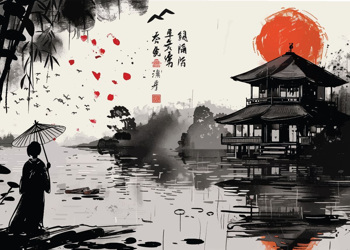 'Japanese Temples Ink' Poster, picture, metal print, paint by maxmah ...