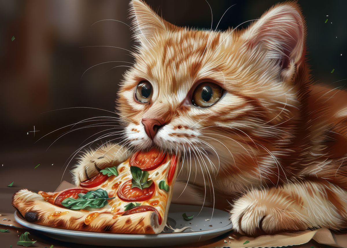 'Cat Eating Pizza' Poster, picture, metal print, paint by Nicolas ...