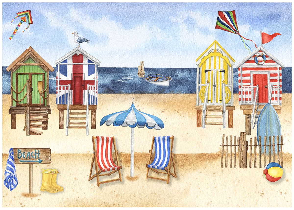 'Beach Huts Watercolor' Poster, picture, metal print, paint by Simon ...