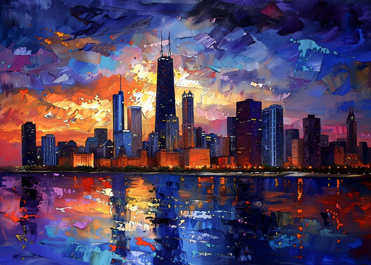 'Chicago Skyline Sunset' Poster, picture, metal print, paint by Scarlet ...