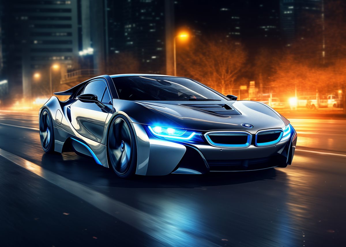 'BMW i8 Night Drive' Poster, picture, metal print, paint by Roman Stasiuk | Displate