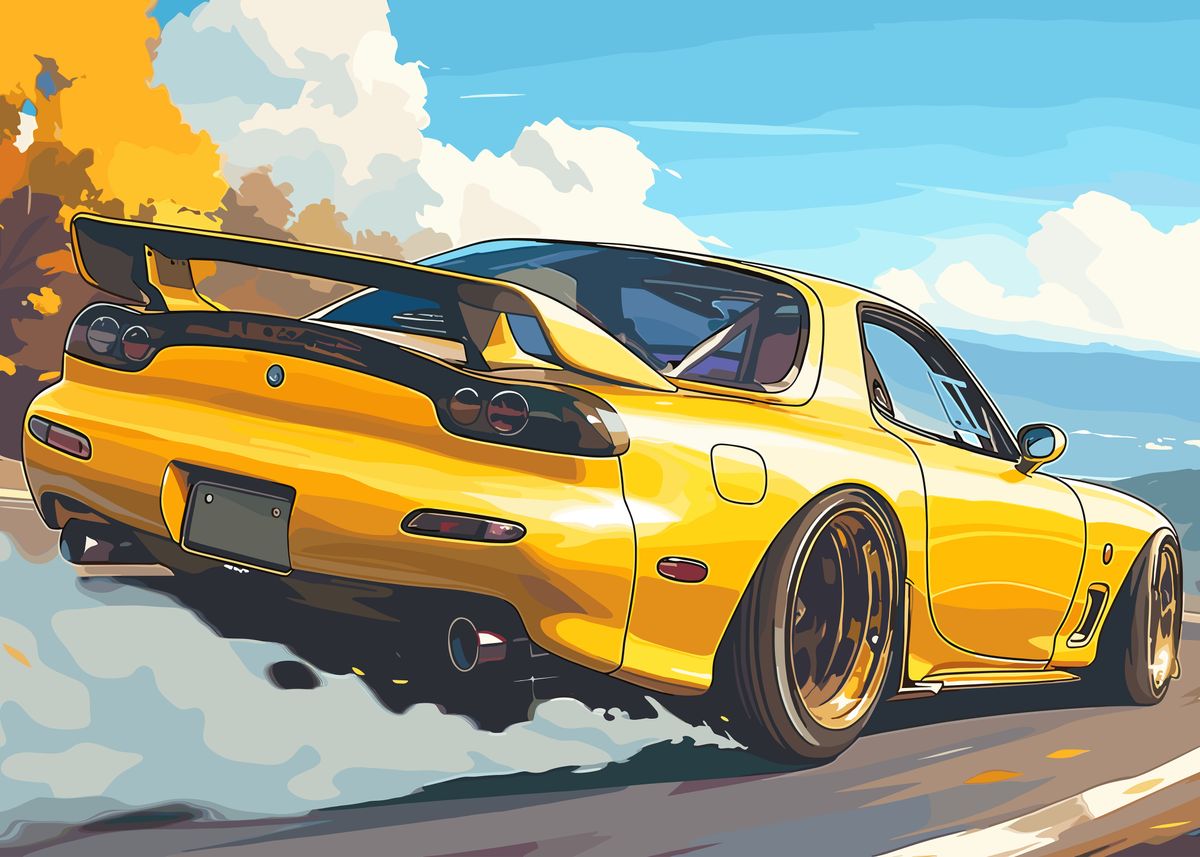 'Yellow Mazda RX-7 Drifting' Poster, picture, metal print, paint by ...