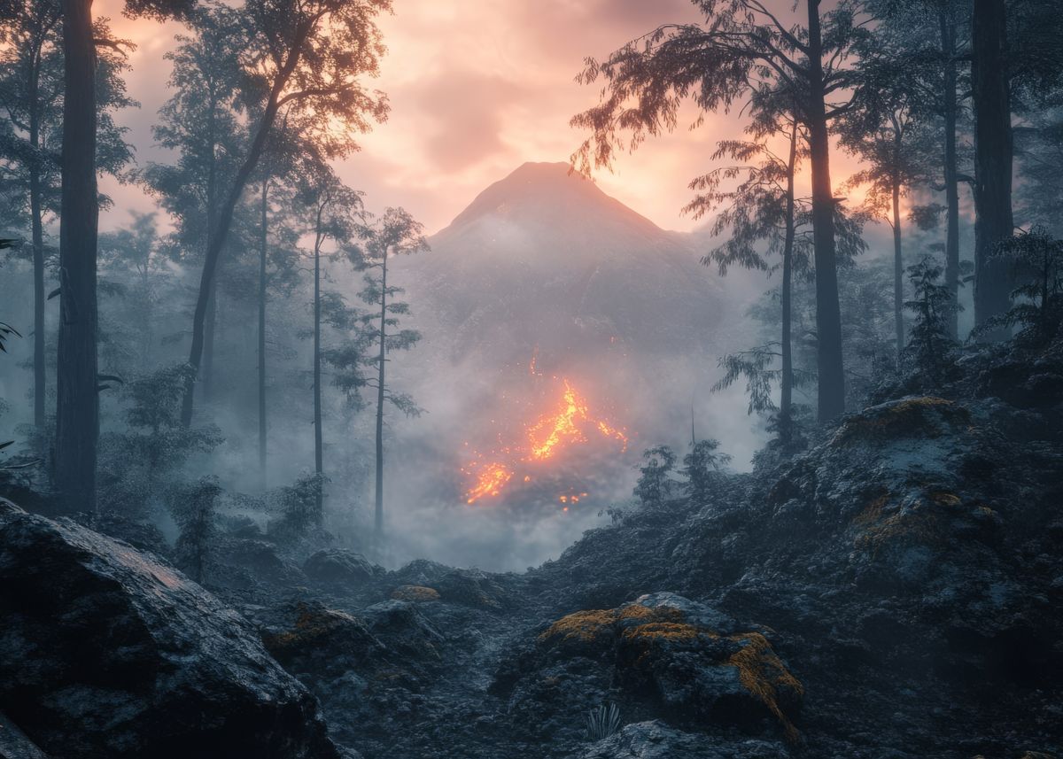 'Volcanic Eruption in Forest' Poster, picture, metal print, paint by ...