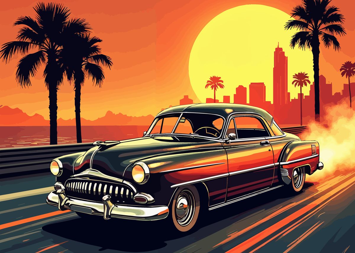 'Classic Car Sunset Drive' Poster, picture, metal print, paint by ...