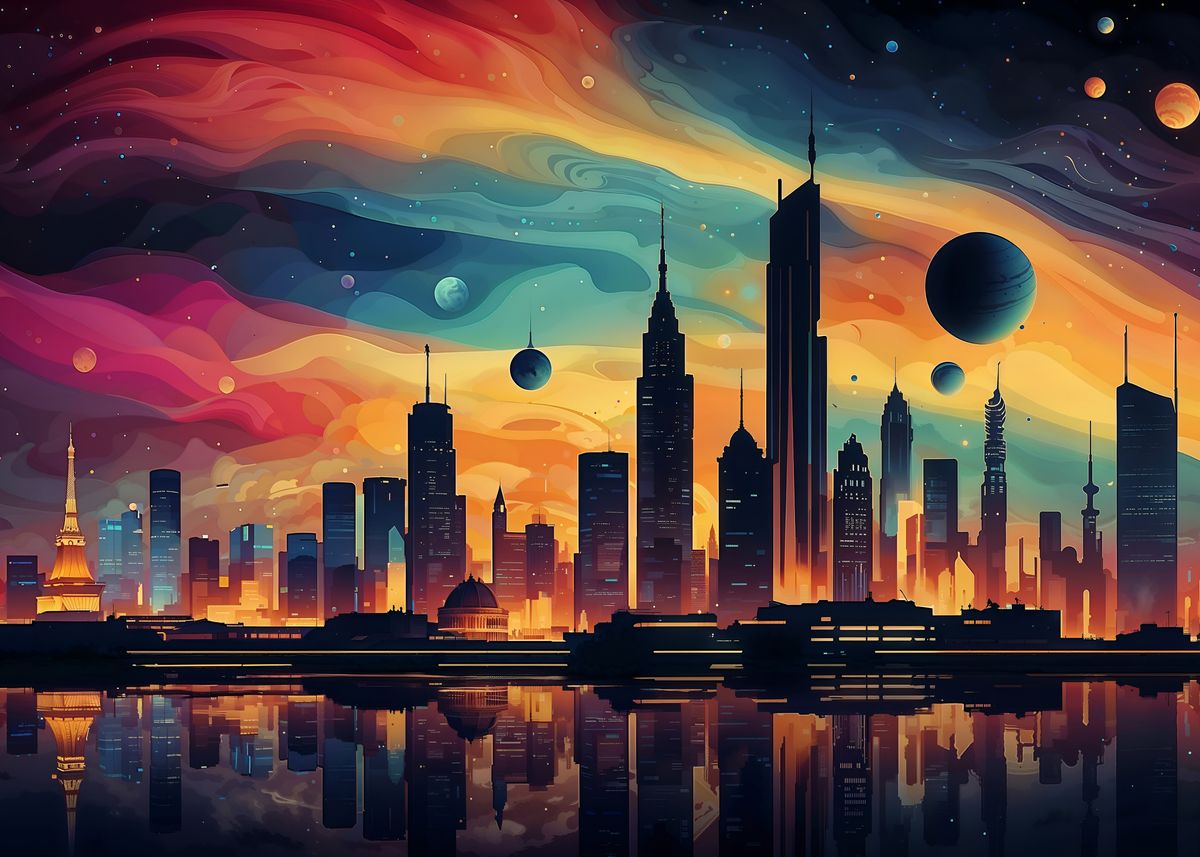 'Futuristic Cosmic Cityscape' Poster, picture, metal print, paint by ...