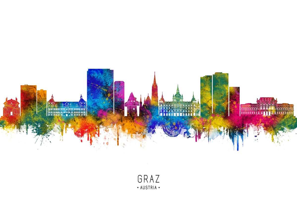 'Graz Skyline Watercolor' Poster, picture, metal print, paint by ...