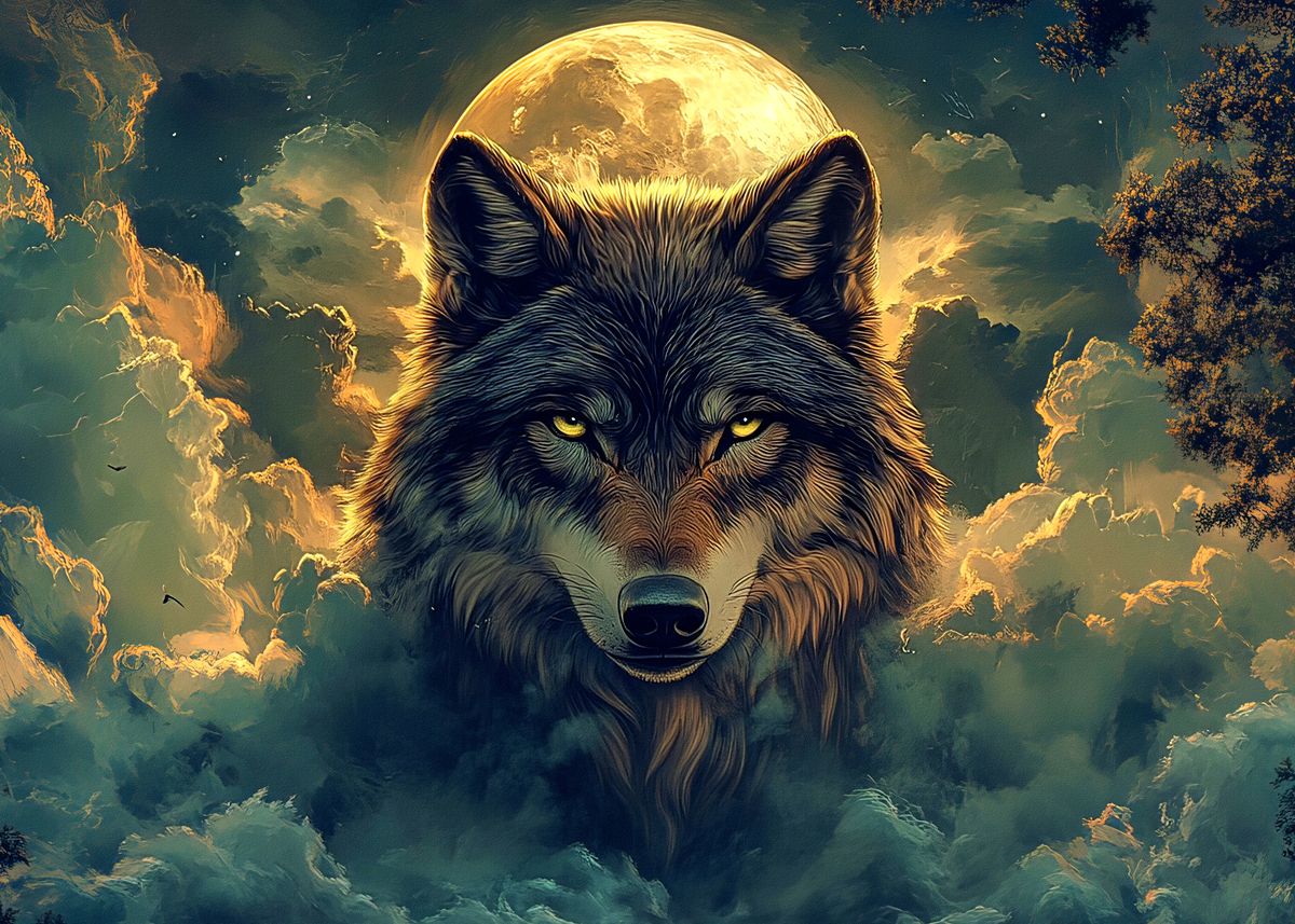 'Wolf Under Full Moon' Poster, picture, metal print, paint by Hustle 92 | Displate