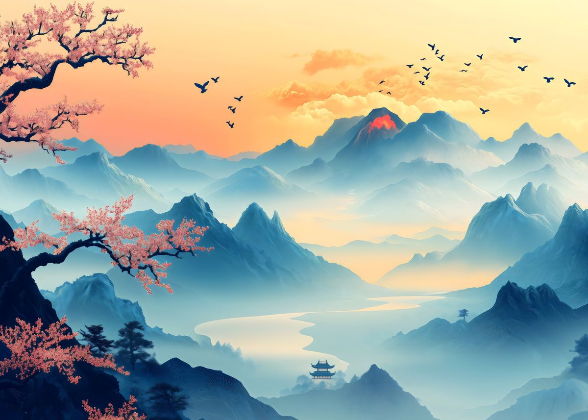 'Serene Mountain Landscape' Poster, picture, metal print, paint by ...