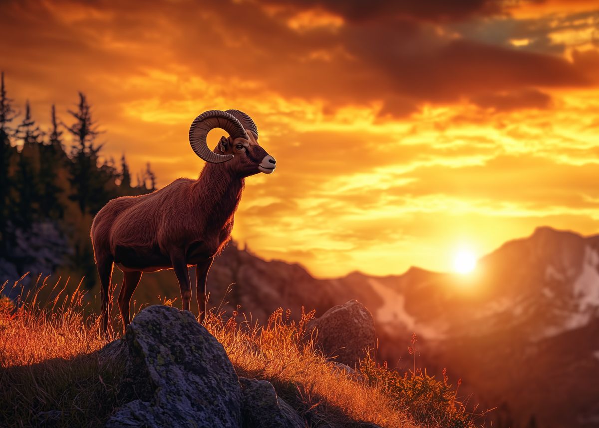 'Bighorn Sheep Sunset' Poster, picture, metal print, paint by ...