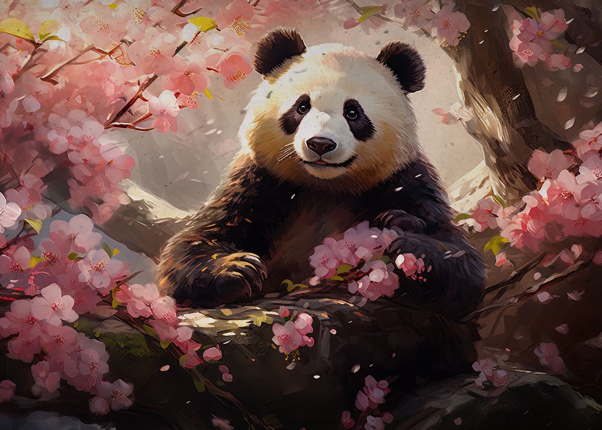 'Panda Cherry Blossoms' Poster, picture, metal print, paint by Viktor ...