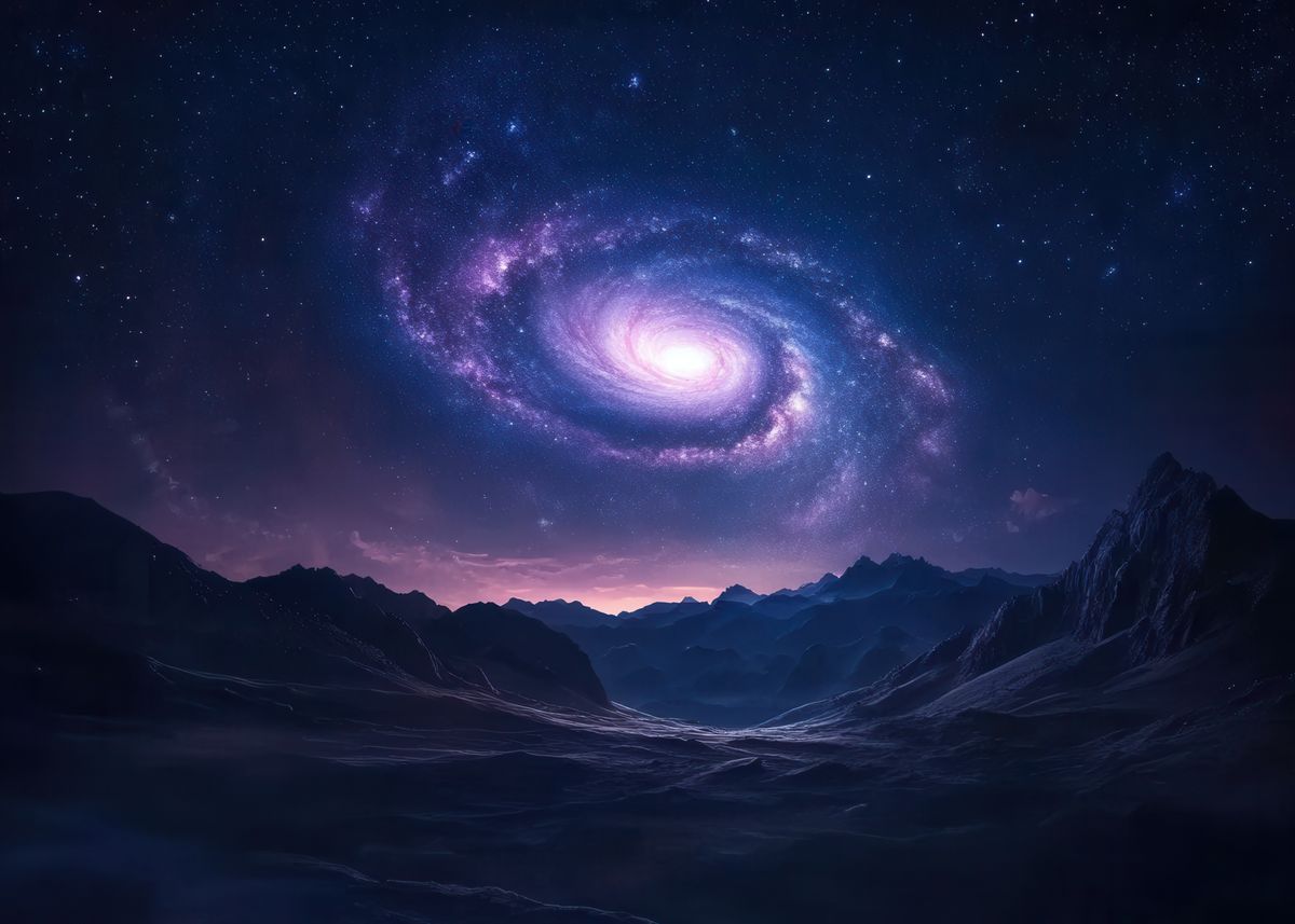 'Spiral Galaxy Over Mountains' Poster, picture, metal print, paint by ...
