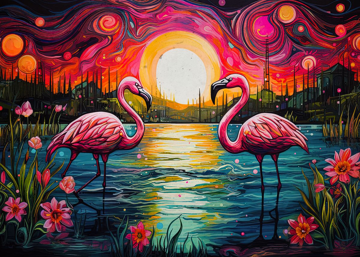 'Pink Flamingos Sunset' Poster, picture, metal print, paint by Viktor ...