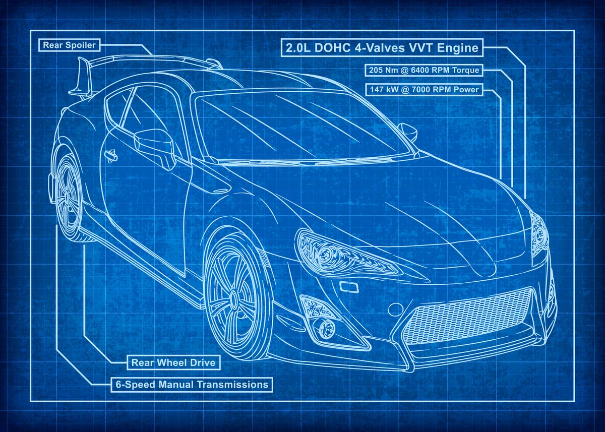 'Toyota GR86 Blueprint' Poster, picture, metal print, paint by Navin ...