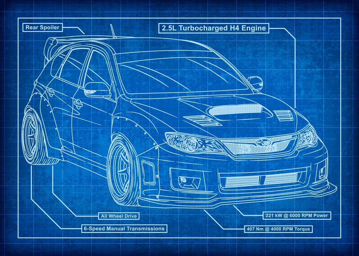 'Subaru Impreza WRX STI Hatchback Blueprint' Poster, picture, metal ...