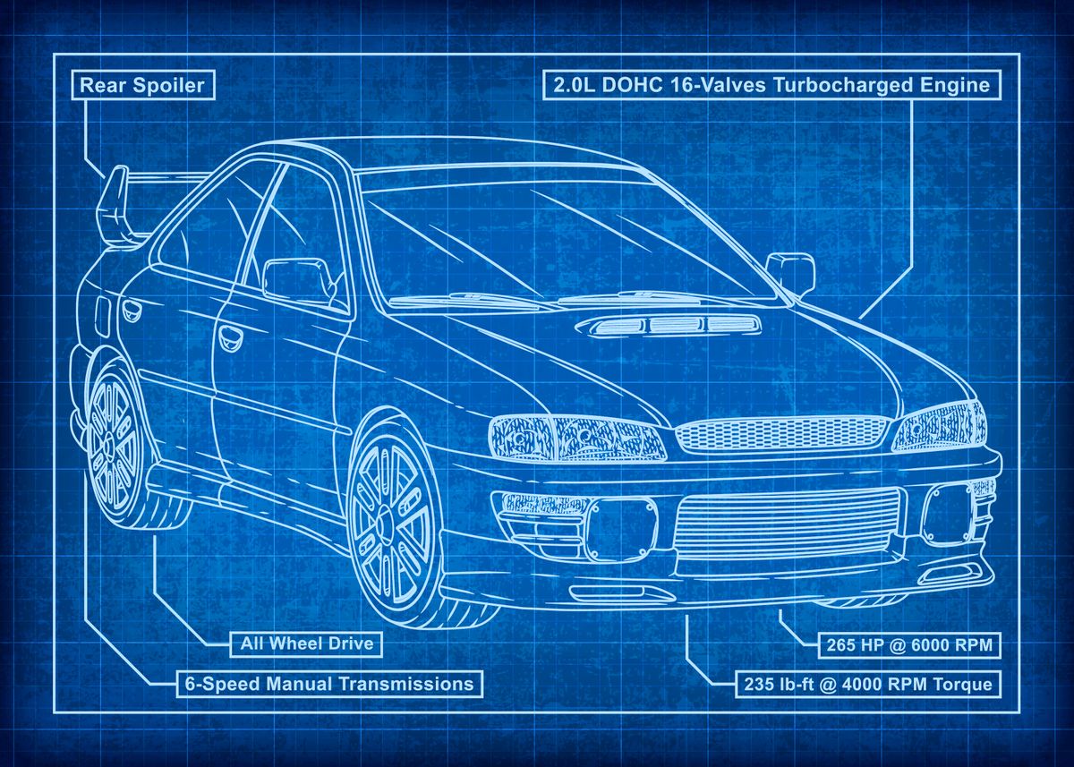 'Subaru Impreza WRX 22B Blueprint' Poster, picture, metal print, paint by Navin Guyvit | Displate