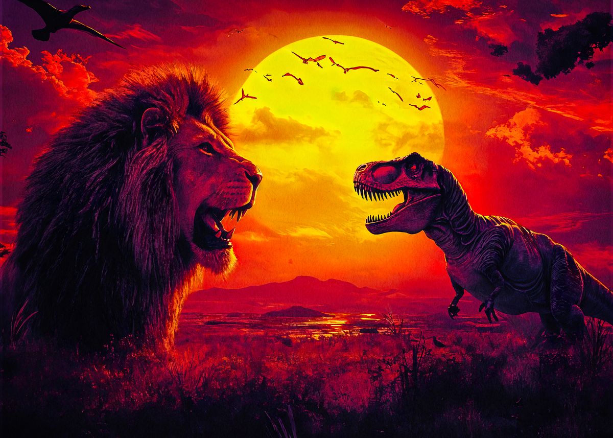 'Lion and T-Rex Sunset' Poster, picture, metal print, paint by Nikhil ...