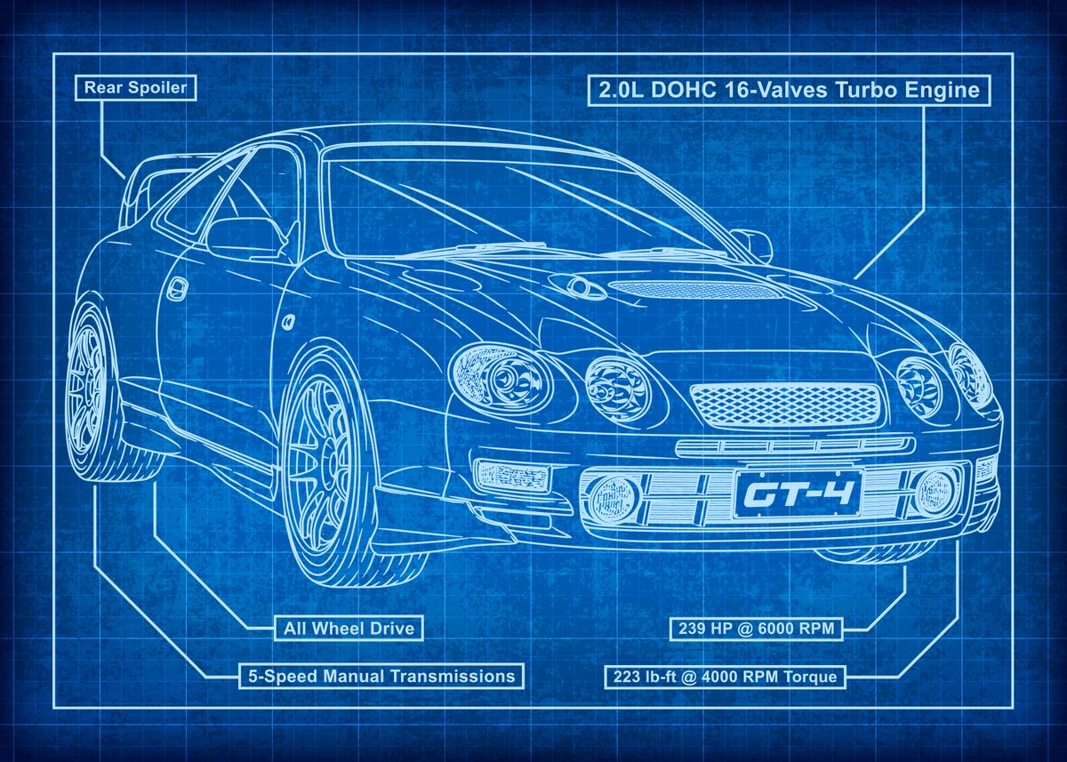 'Toyota Celica GT4 ST205 Blueprint' Poster, picture, metal print, paint ...