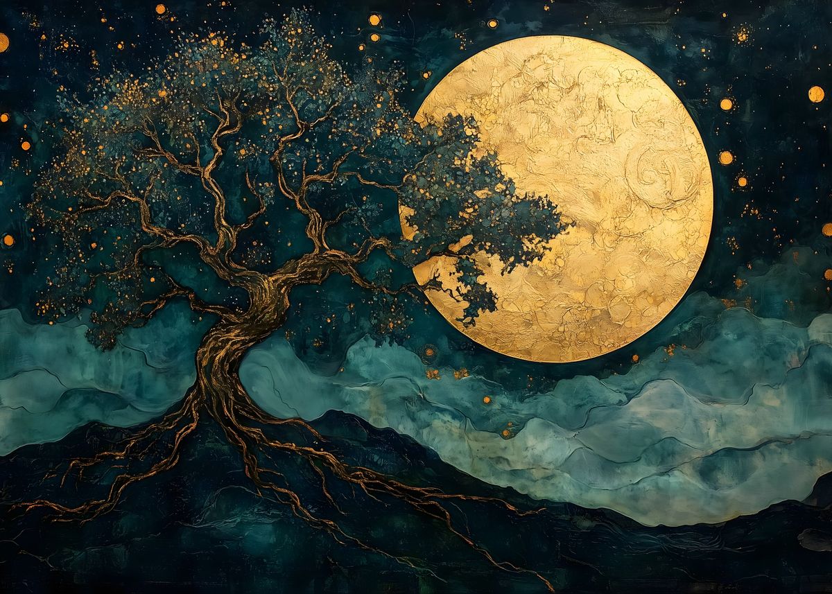 'Golden Moon and Tree' Poster, picture, metal print, paint by InkAura ...