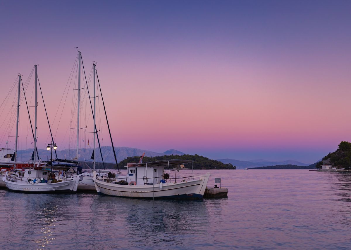 'Boats from the port at sunset on the Greek island of Lefkada' Poster ...