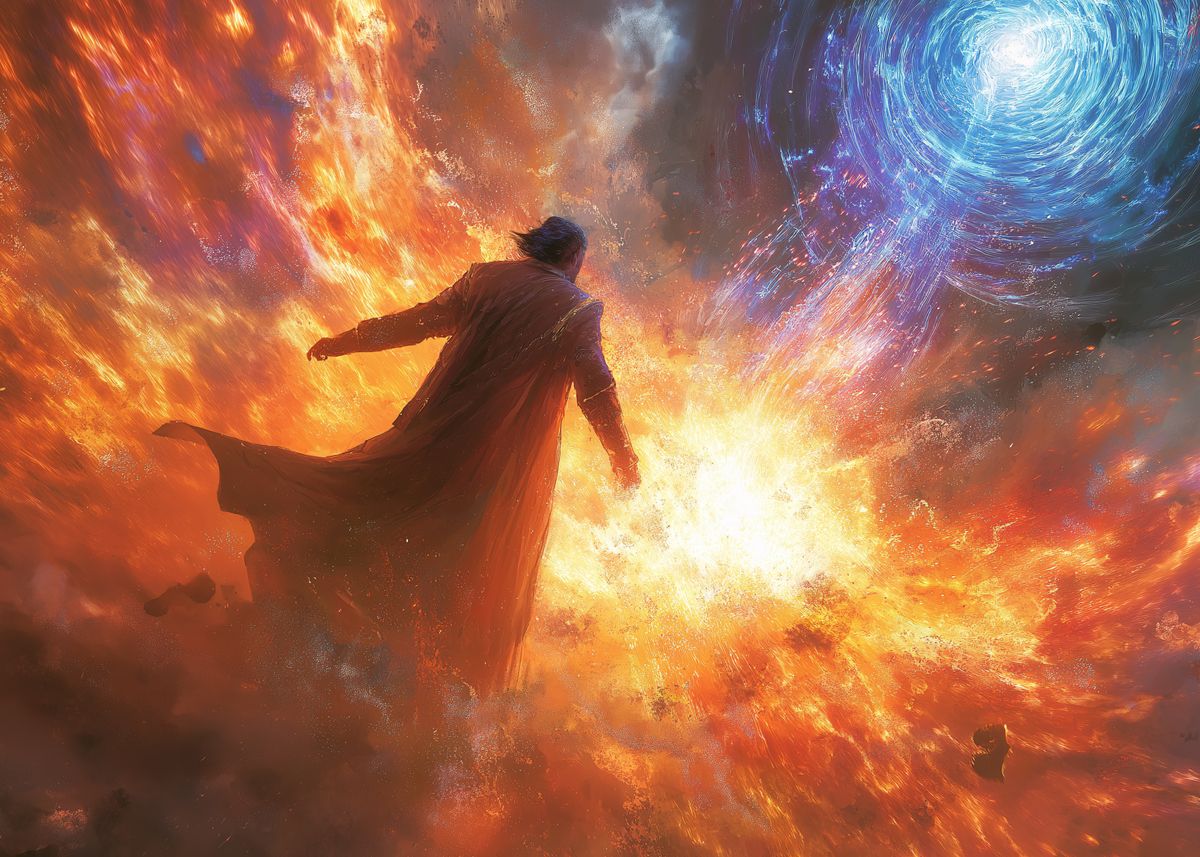 'Man in Red Robe Amidst Fire' Poster, picture, metal print, paint by ...